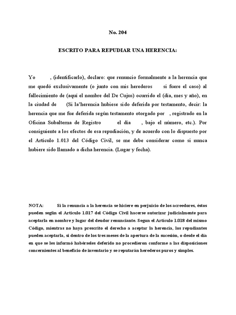 204 Escrito Para Repudiar Una Herencia Pdf