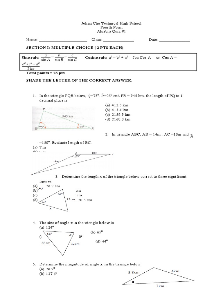 Cosine Rule Quiz for Algebra Students | PDF