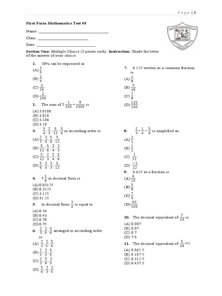 Test 3 Fractions BODMAS | PDF | Decimal | Arithmetic