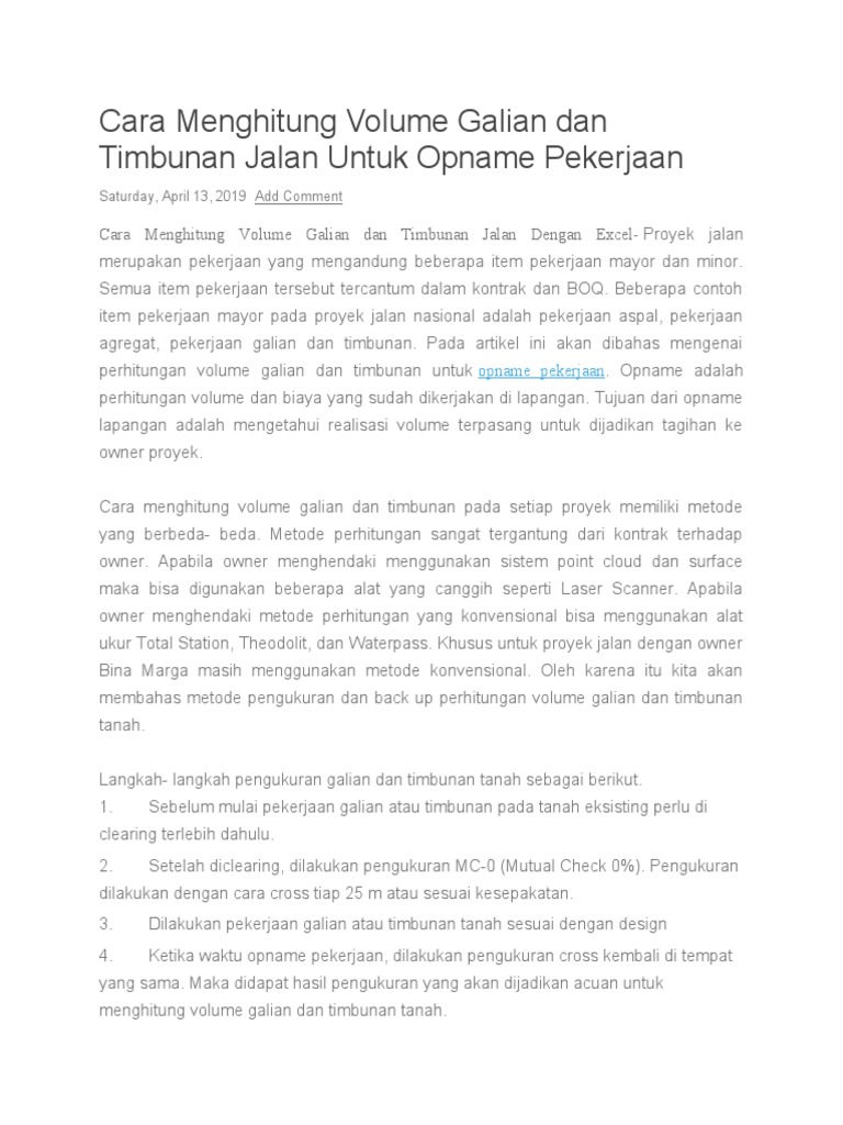 Cara Menghitung Volume Galian Dan Timbunan Jalan Untuk Opname Pekerjaan | PDF