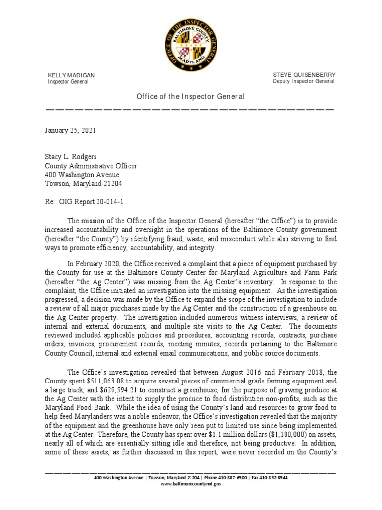 Baltimore County Inspector General Report | PDF | Agriculture | Maize