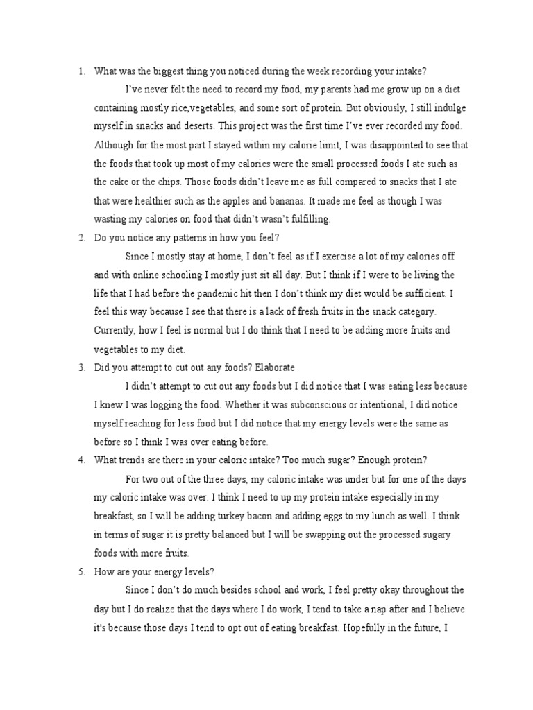 Food Log Reflection | PDF | Meal | Dieting