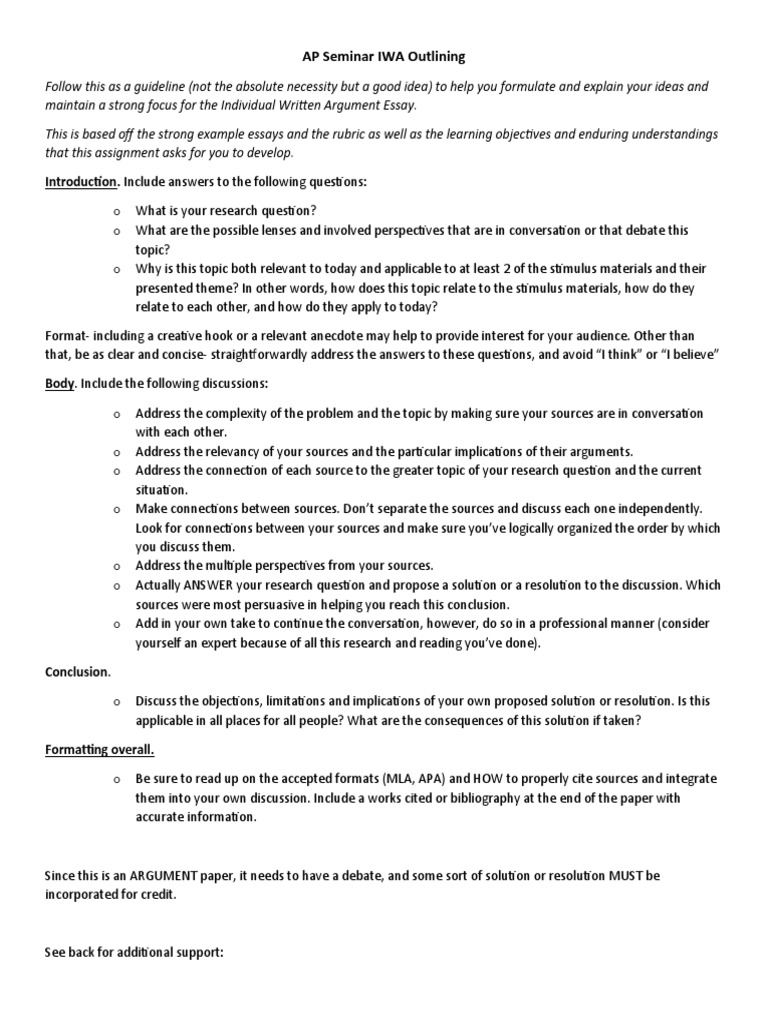 AP Seminar IWA Outlining: Introduction. Include Answers To The ...