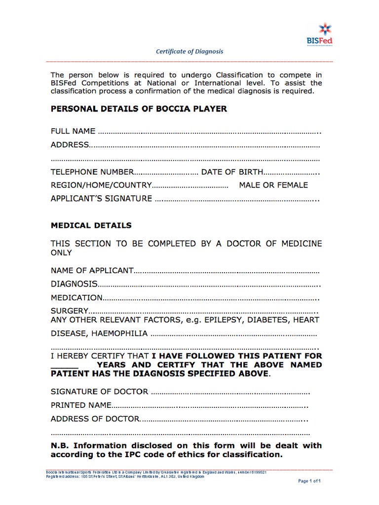 10 - Classification-Certificate-Of-Diagnosis BISFed 2016 Nov 08 | PDF