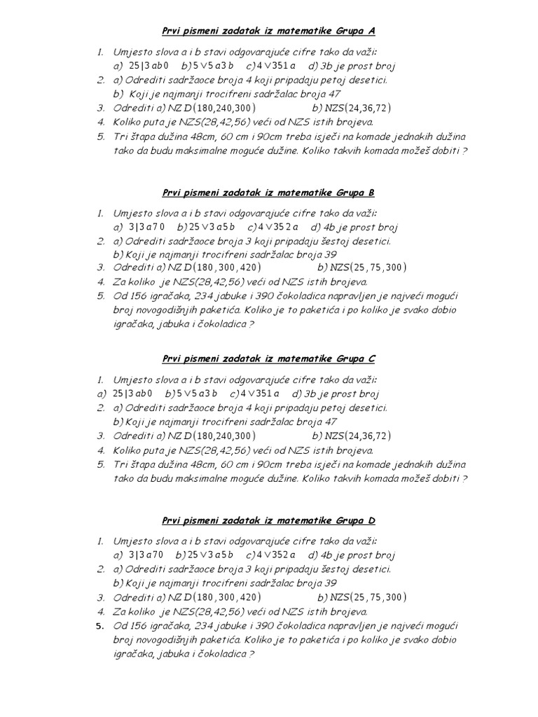 Prvi Pismeni Zadatak Iz Matematike Grupa A | PDF