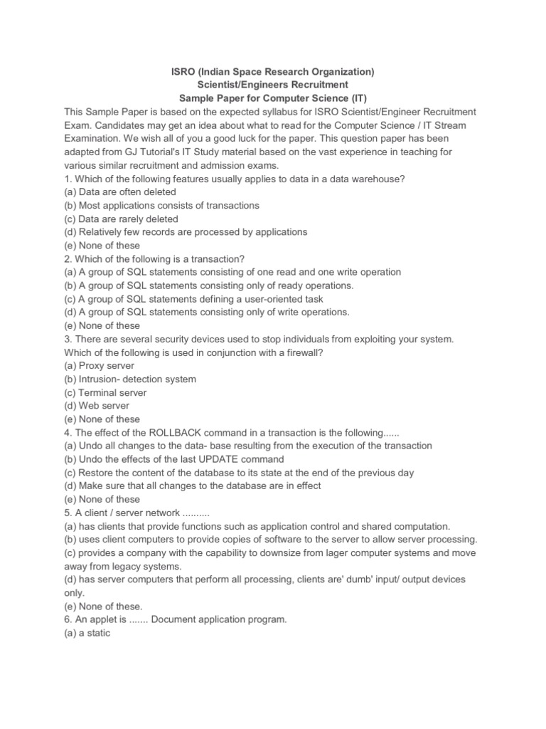 ISRO Sample Question Paper | PDF | Relational Database | Databases