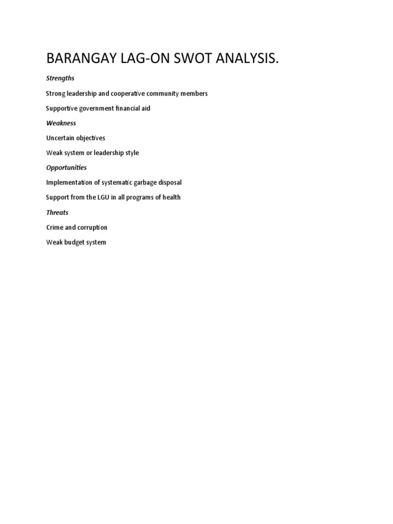 Barangay Lag-On Swot Analysis.: Strengths | PDF