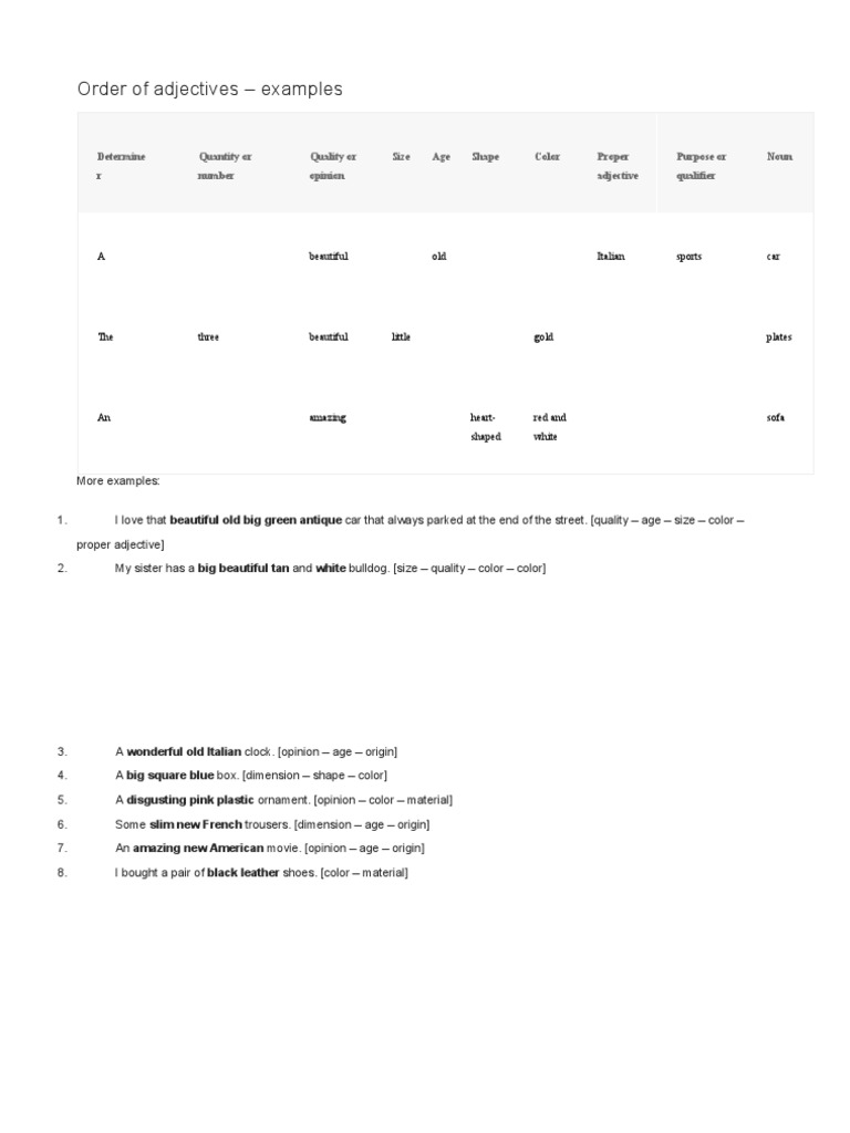 Order of Adjectives - Examples | PDF