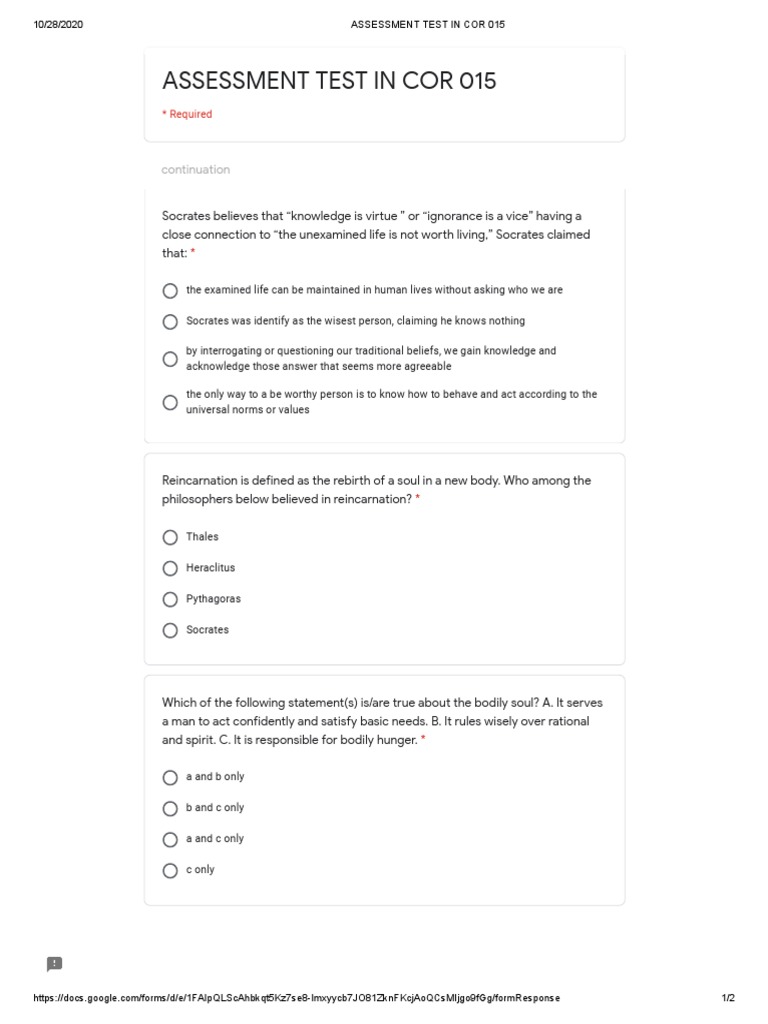 Assessment Test in Cor 015.3 | PDF | Socrates | Reincarnation