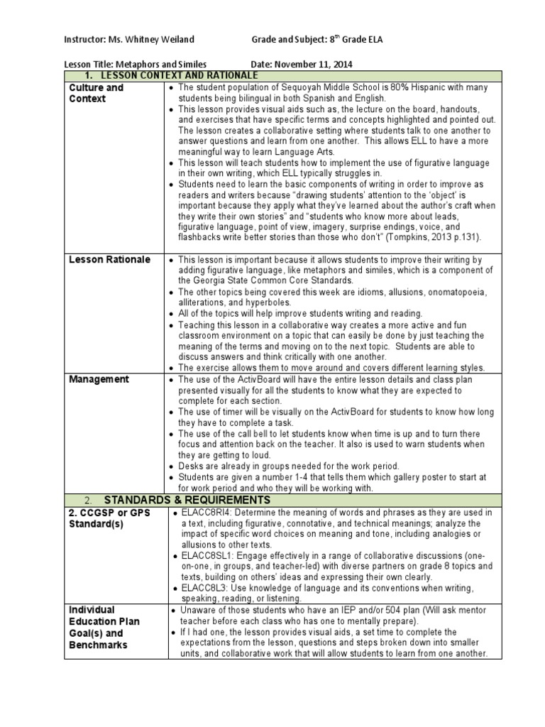 Metaphors and Similes Lesson Plan | PDF | Metaphor | Individualized ...
