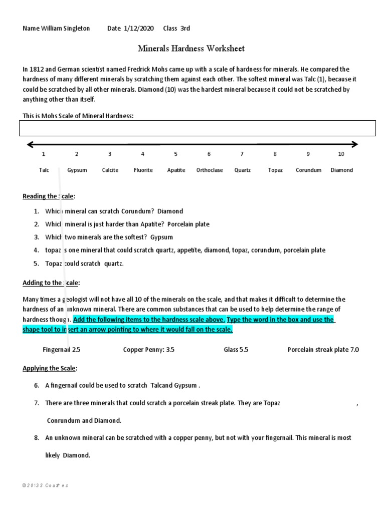Minerals Hardness Worksheet: Reading The Scale | PDF | Minerals | Chemistry