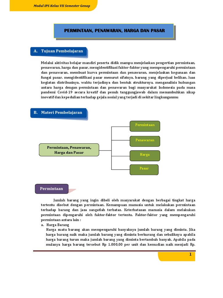 Modul Ips Kls Vii Permintaan Penawaran Harga Dan Pasar | PDF