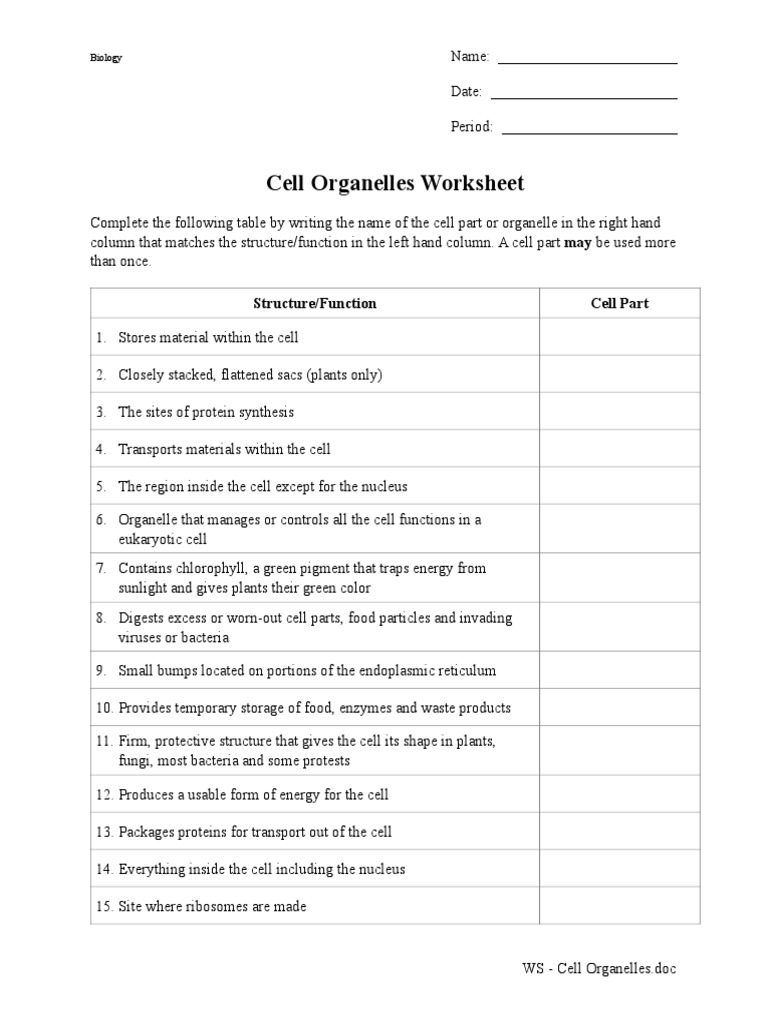 Cell Organelles Worksheet: Structure/Function Cell Part | PDF ...
