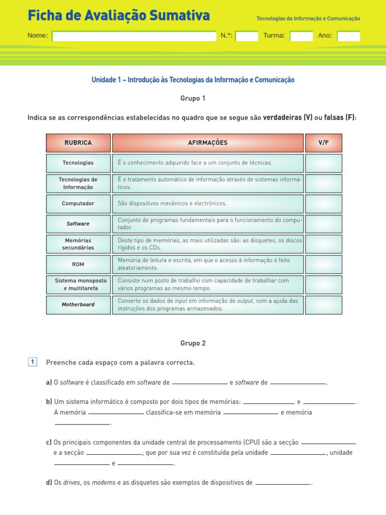 TESTE DE AVALIAÇÂO_TIC | Armazenamento de Dados de Computador | Unidade ...