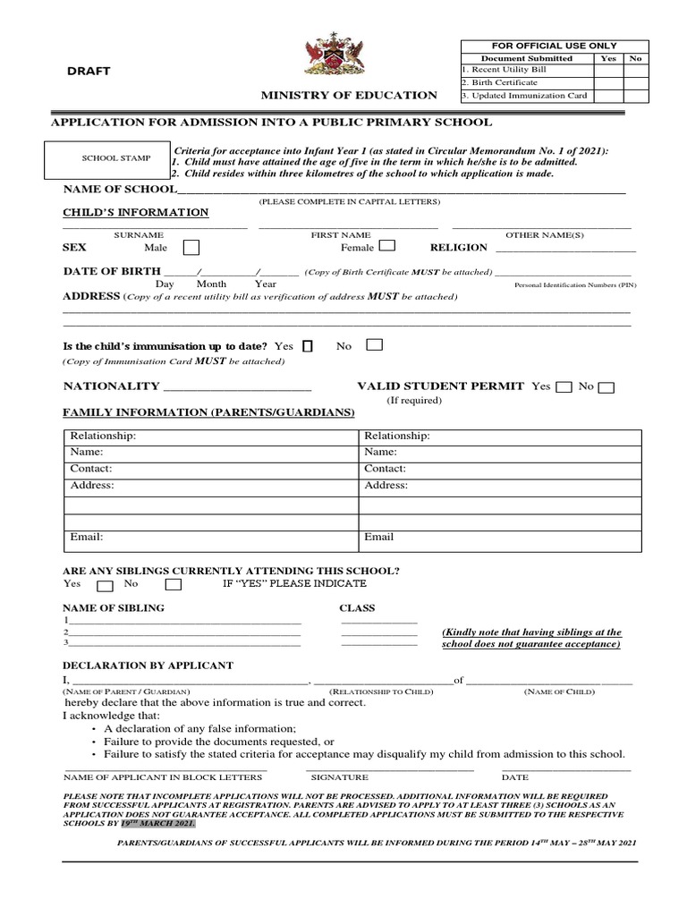 Updated Application Form Admission Into Infant Year 1 2021 | PDF ...