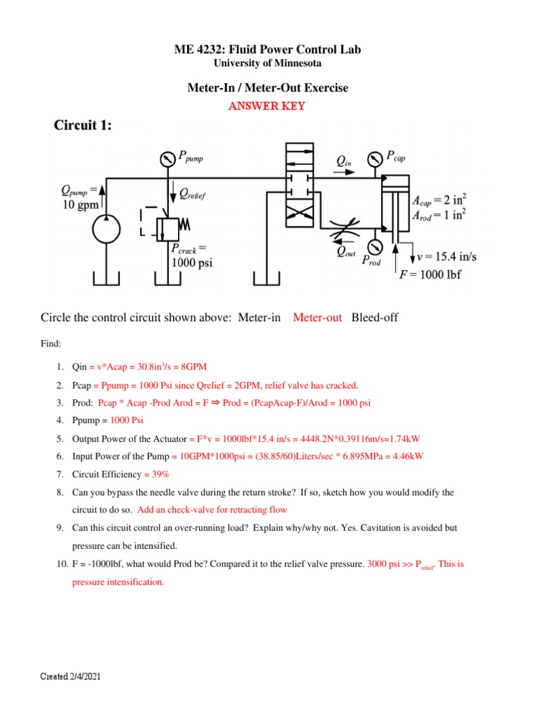 ME 4232: Fluid Power Control Lab: Answer Key | PDF | Valve | Liquids