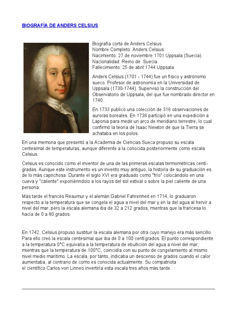 La vida y contribuciones científicas del físico sueco Anders Celsius ...