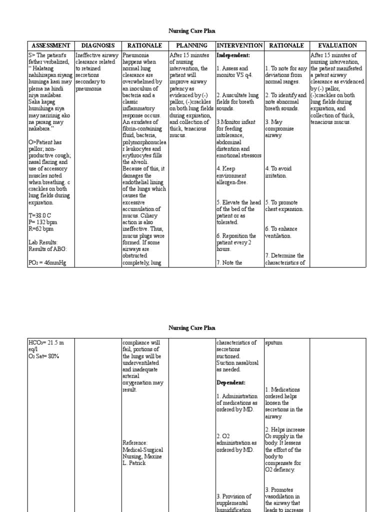 Nursing Care Plan Assessment Diagnosis Rationale Planning Intervention ...