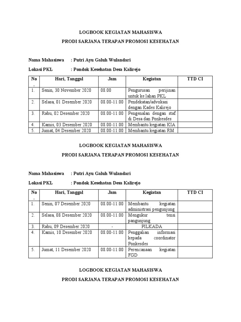 Logbook PKL Mahasiswa Promosi Kesehatan | PDF | Kesehatan Holistik