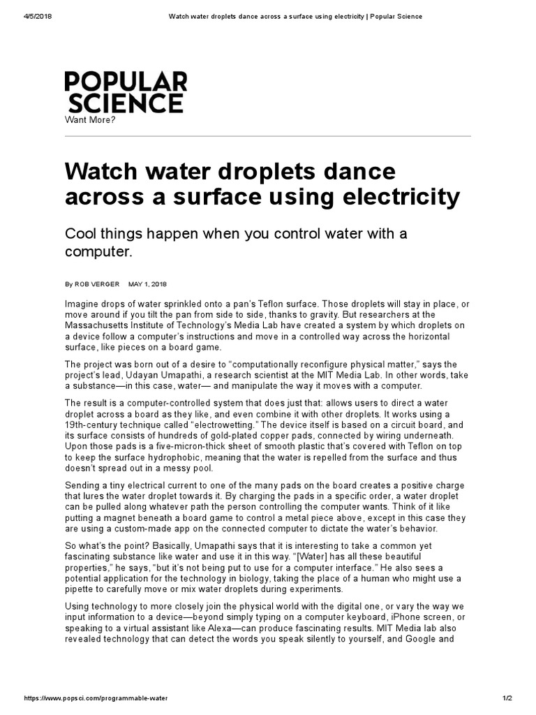 Watch Water Droplets Dance Across A Surface Using Electricity | PDF ...