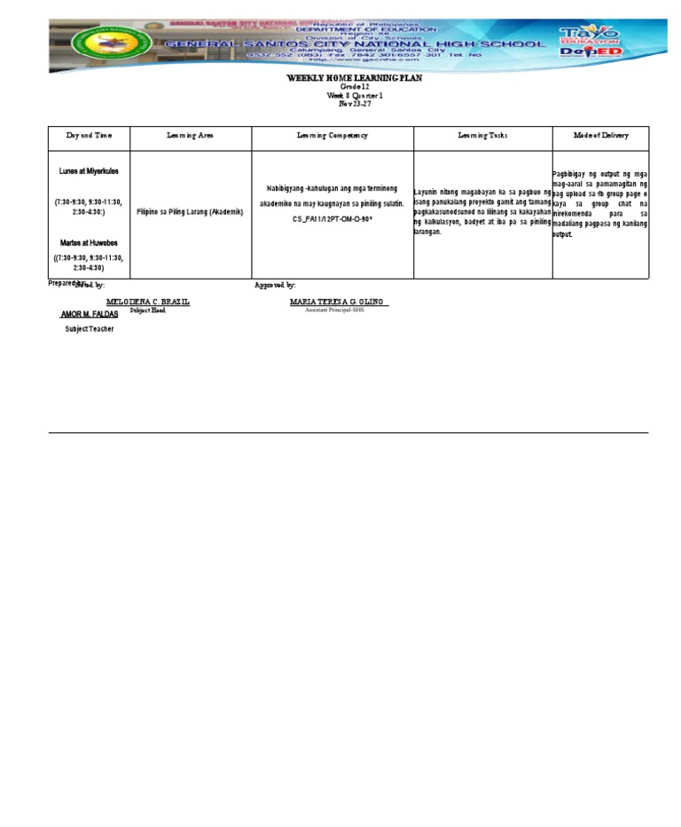 WEEKLY HOME LEARNING PLAN Week 8 Modyul 9 Amor | PDF