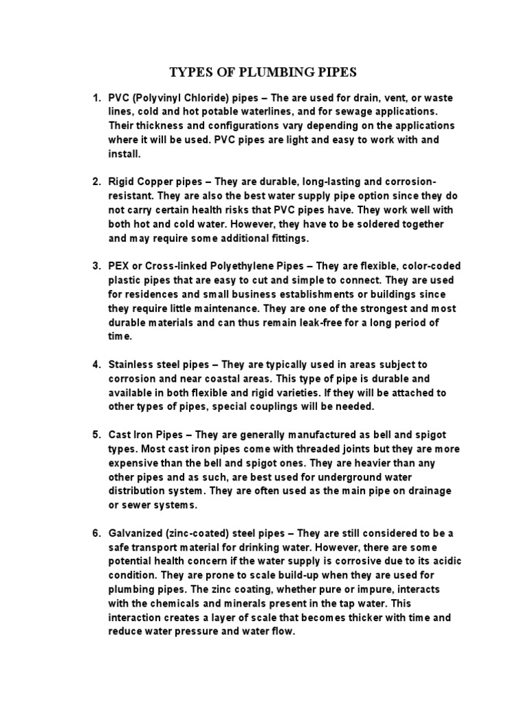 Types of Plumbing Pipes | PDF | Pipe (Fluid Conveyance) | Polyvinyl ...