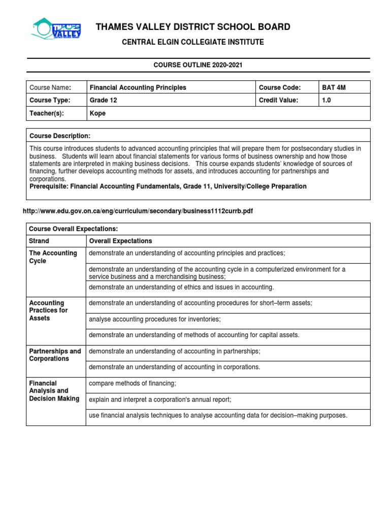 BAT4M Financial Accounting Course Outline | PDF | Educational ...