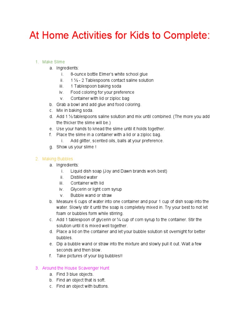 At Home Activities For Kids To Complete | PDF