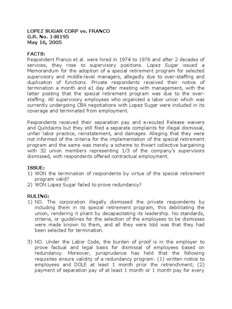 Lopez Sugar Corp. vs. Franco - DE GUZMAN | PDF | Layoff | Working Time