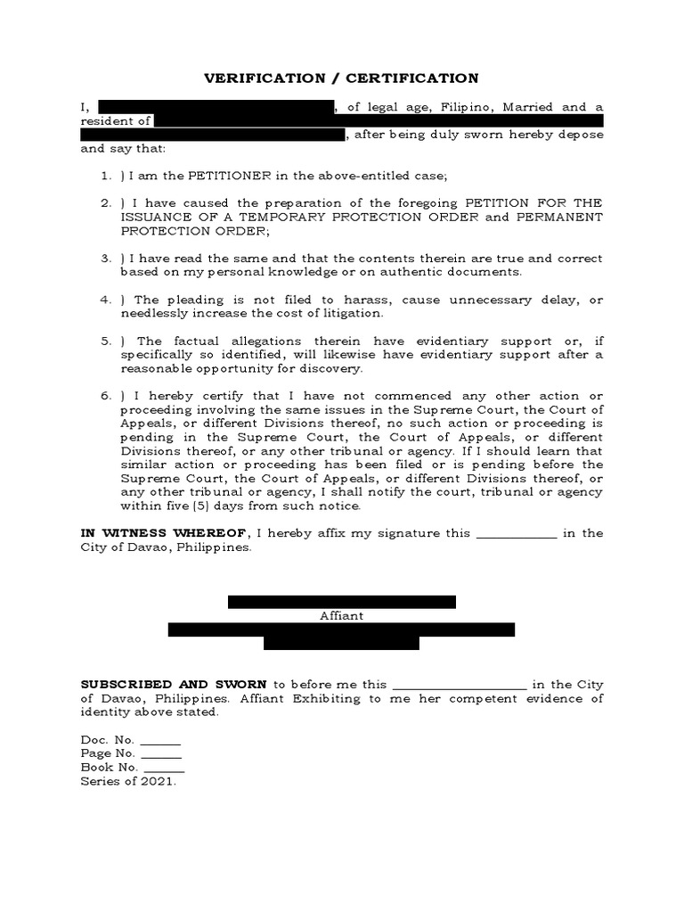 Verification and Certification For Protection Order and Temporary ...
