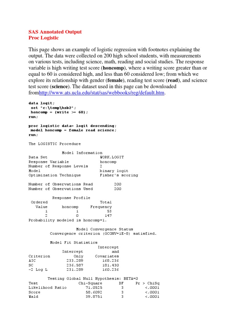 SAS Annotated Output | PDF | Logistic Regression | Confidence Interval