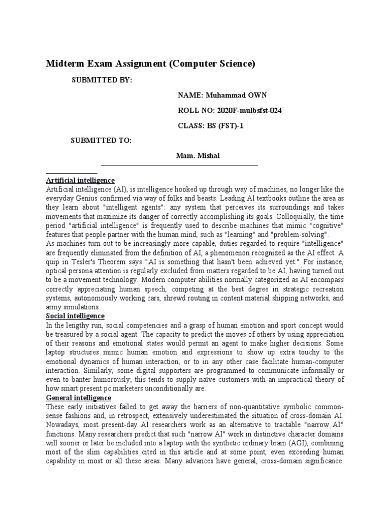 Midterm Exam Assignment (Computer Science) | PDF | Artificial Intelligence | Intelligence (AI ...