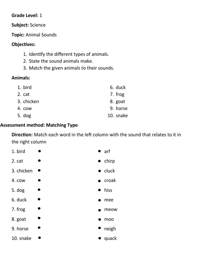 Grade Level: 1 Subject: Science Topic: Animal Sounds Objectives | PDF