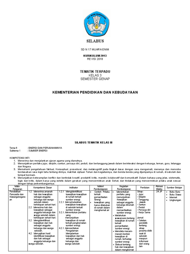 Silabus Kelas 3 Tema 6 | PDF