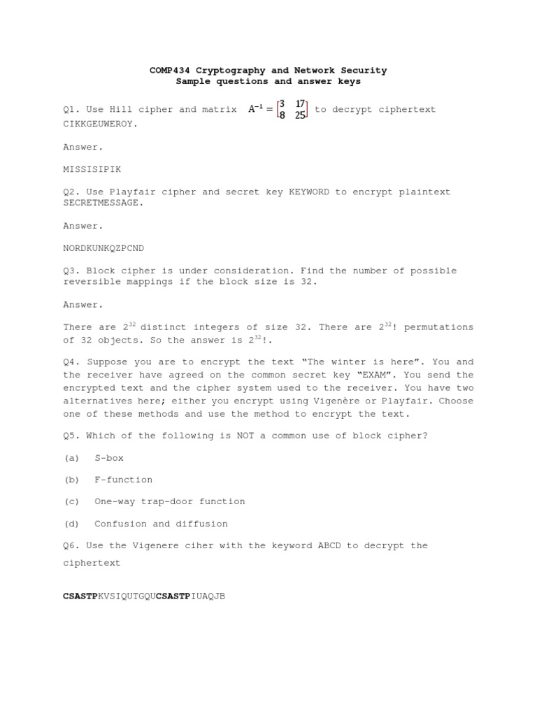 COMP434 Sample Midterm Questions | PDF | Cipher | Cryptography
