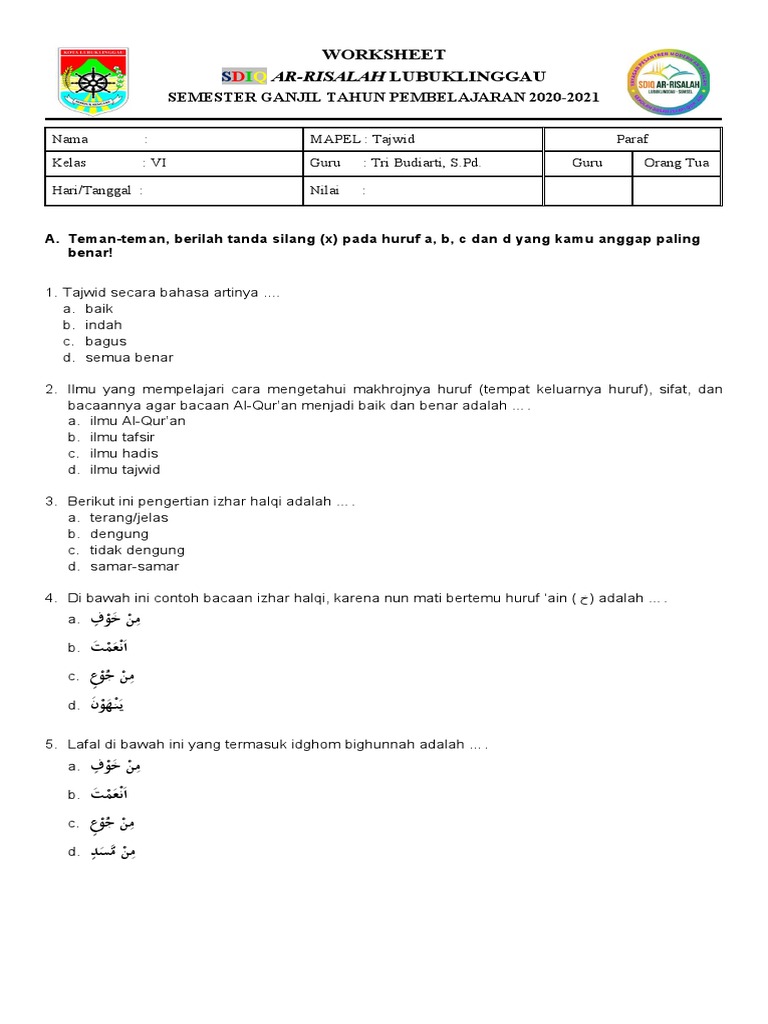 Worksheet Tajwid KLS 6 Nun Sukun | PDF