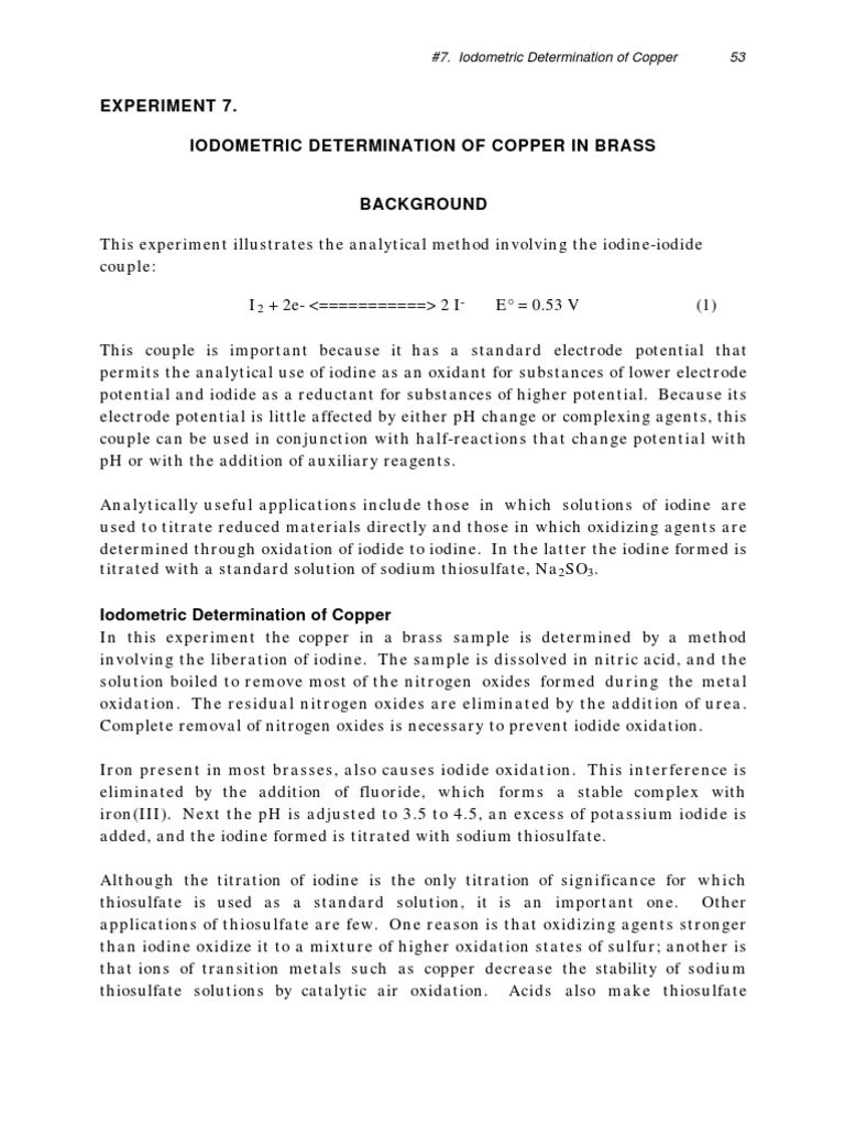 Iodometric Copper Analysis in Brass | PDF | Nitric Acid | Iodine