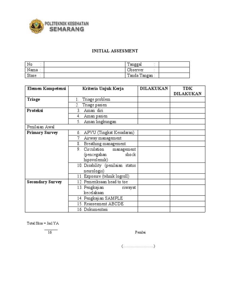 Initial Assesment: Total Skor JML YA - 16 Penilai | PDF
