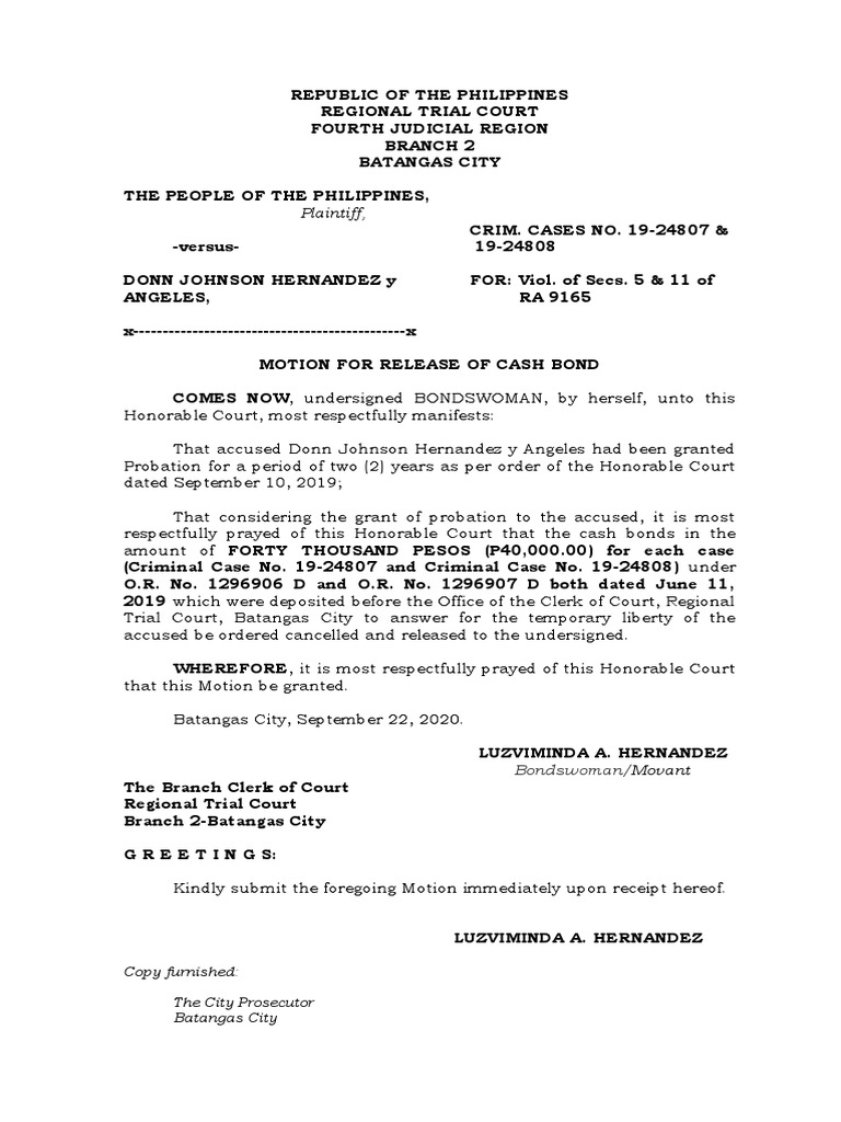 Motion To Release Cash Bond-Probation Granted Branch 2 | PDF