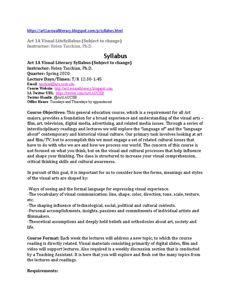 Art 1A Visual Literacy Syllabus | PDF | Plagiarism | Lecture