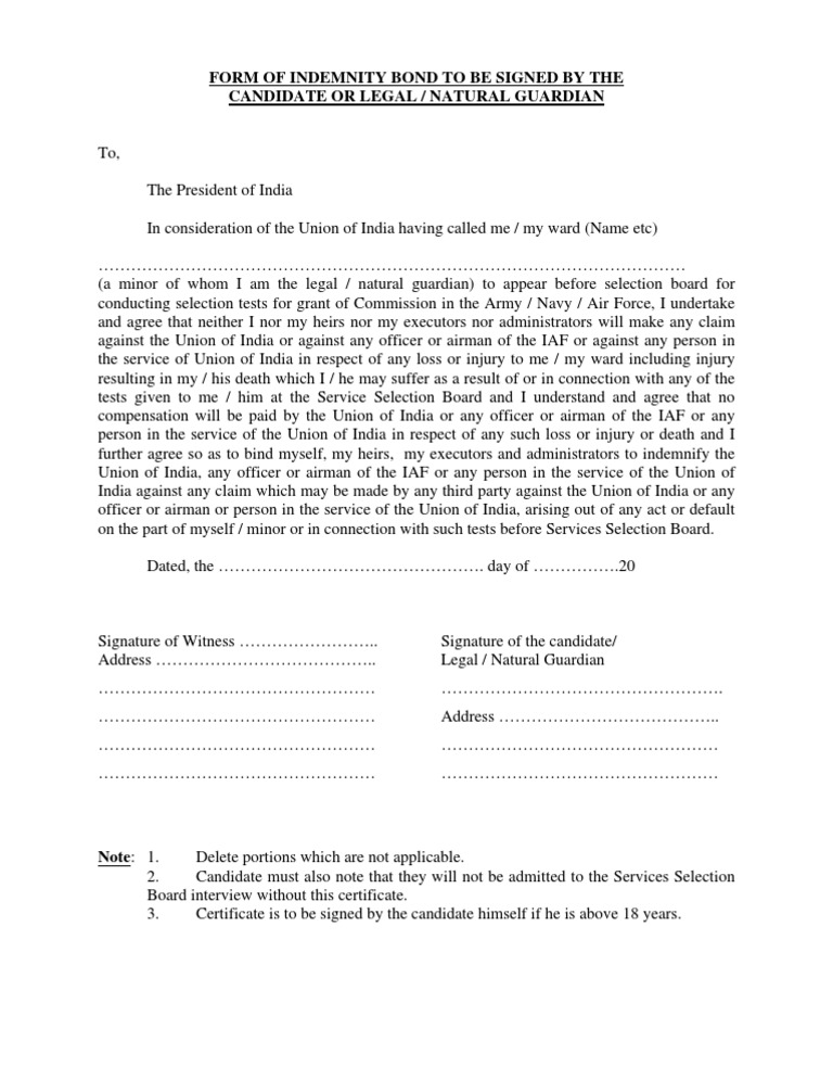 Form of Indemnity Bond
