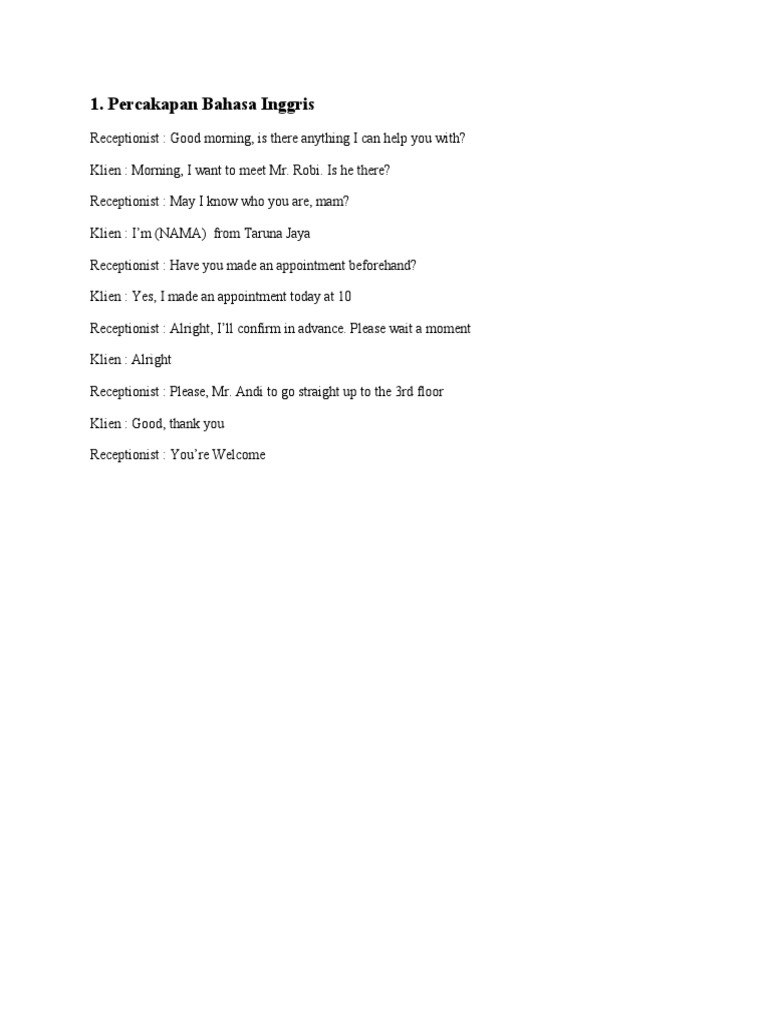 1. "[Percakapan di Resepsionis Kantor]" 2. "[Kunjungan Tamu ke ...