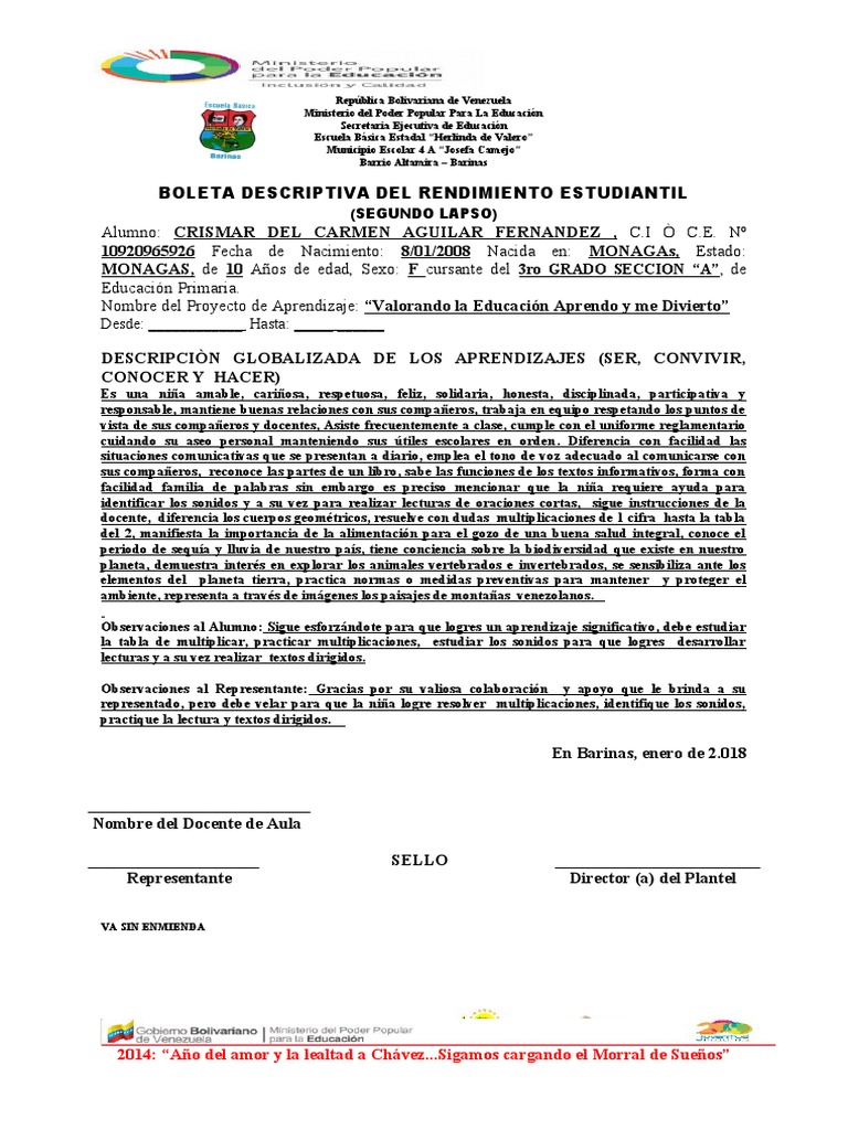 BOLETA II LAPSO 3ro A. AÑO 18 | PDF | Educación primaria | Venezuela
