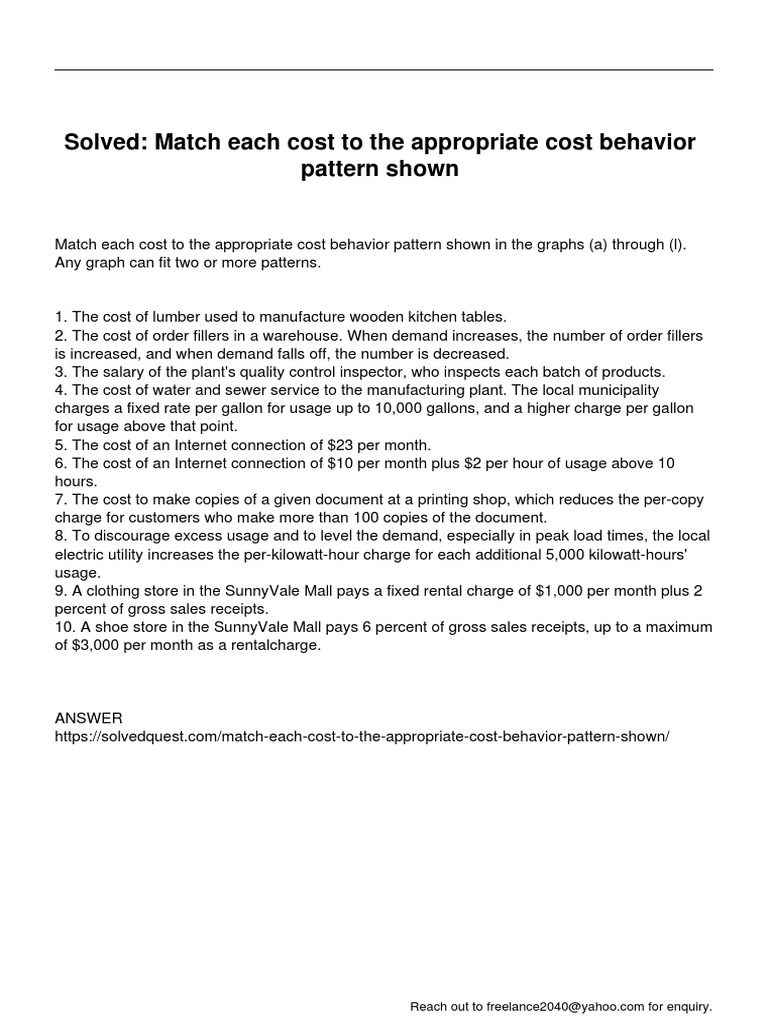 Match Each Cost To The Appropriate Cost Behavior Pattern Shown | PDF ...