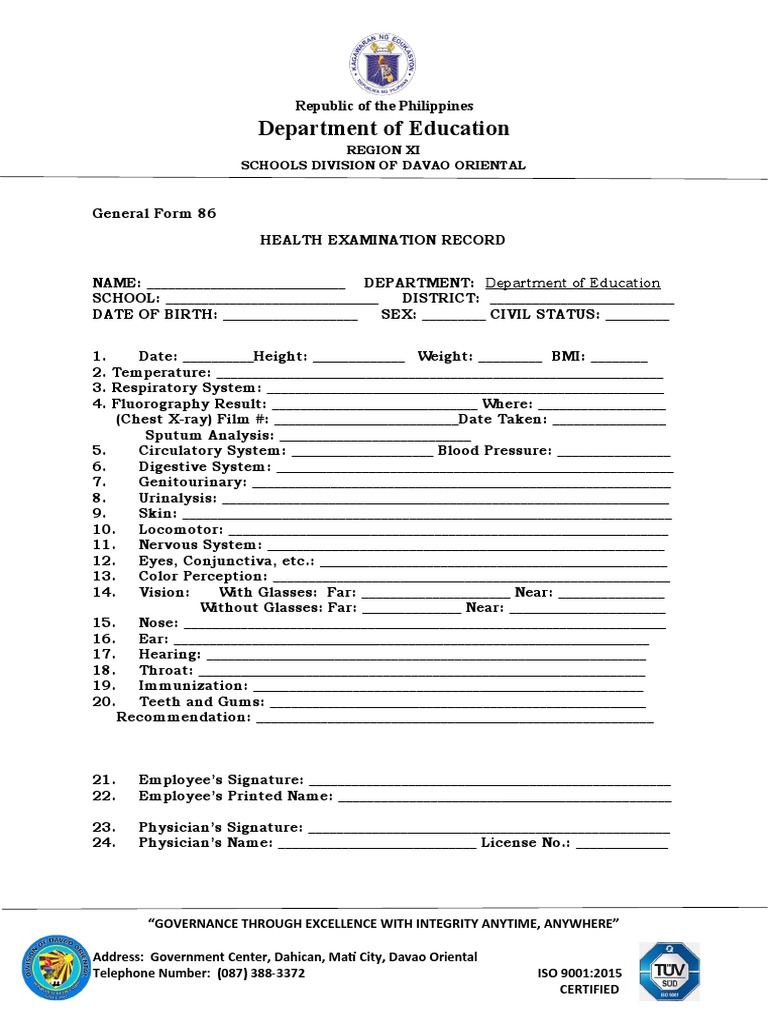 General Form 86 HEALTH EXAMINATION RECORD | PDF | Medical Specialties ...