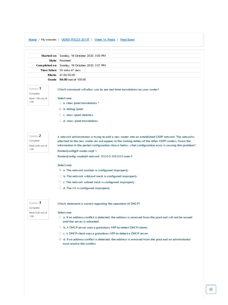 Final Exam - Attempt Review | Download Free PDF | Ip Address | Router (Computing)