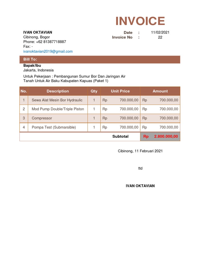 Invoice Sewa Alat Bor Hydraulic | PDF