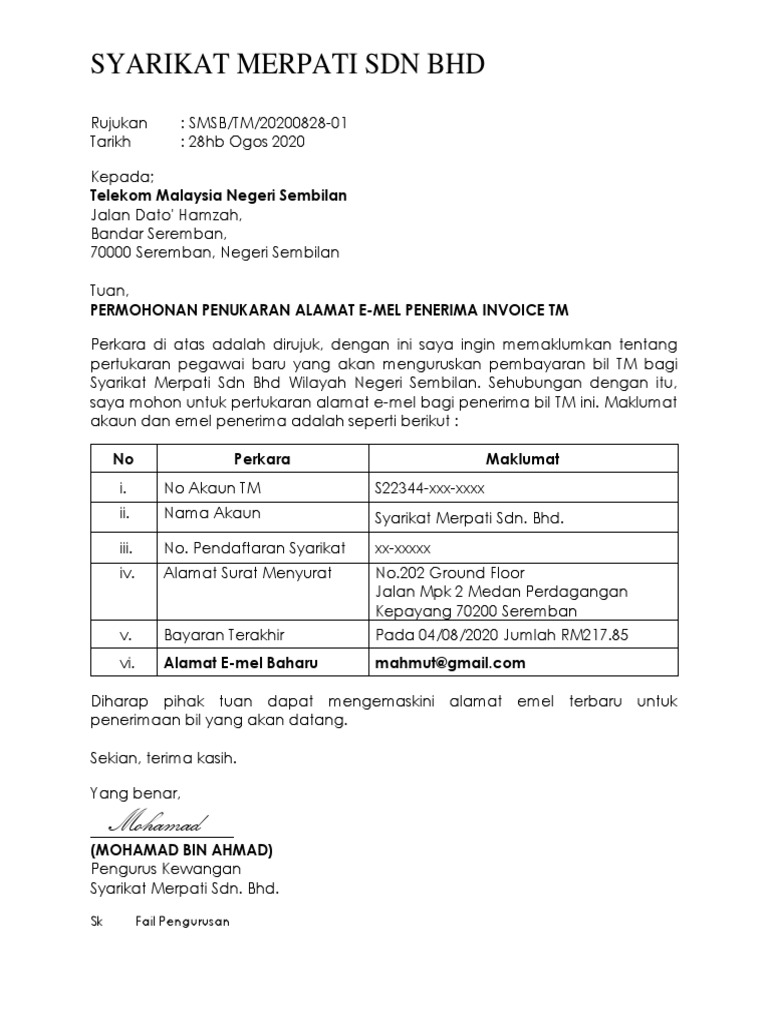 Surat Penukaran Alamat Email TM N9 | PDF