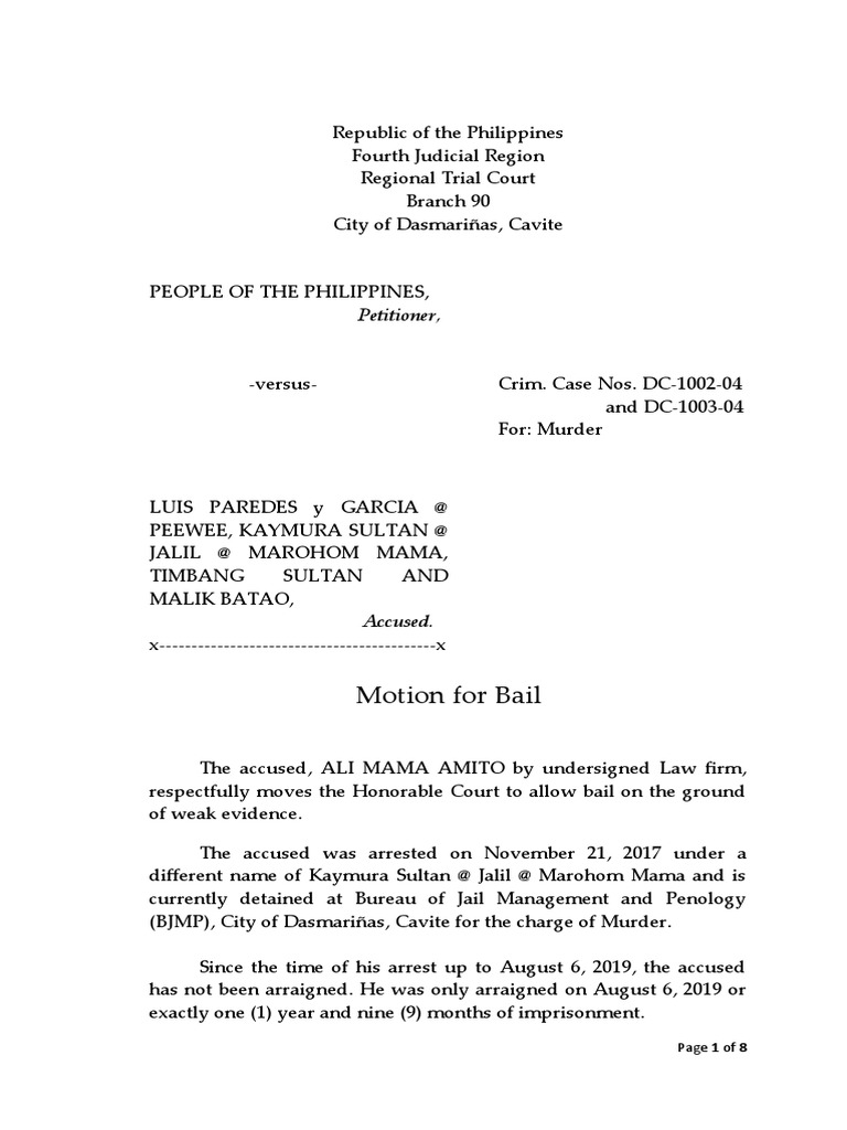 Motion For Bail Amito | PDF | Hearsay | Witness