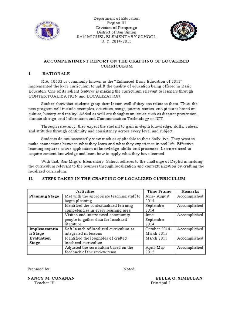 Accomplishment Report On The Crafting of Localized Curriculum | PDF ...